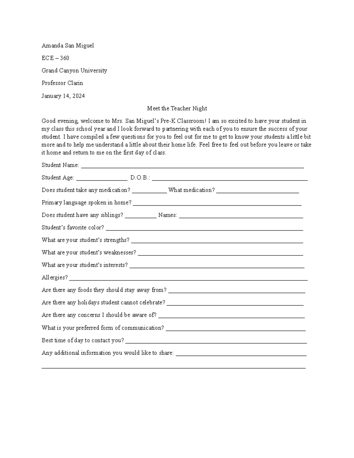 ECE-360-WK5-Meet the Teacher Night Overview and Activities - Studocu