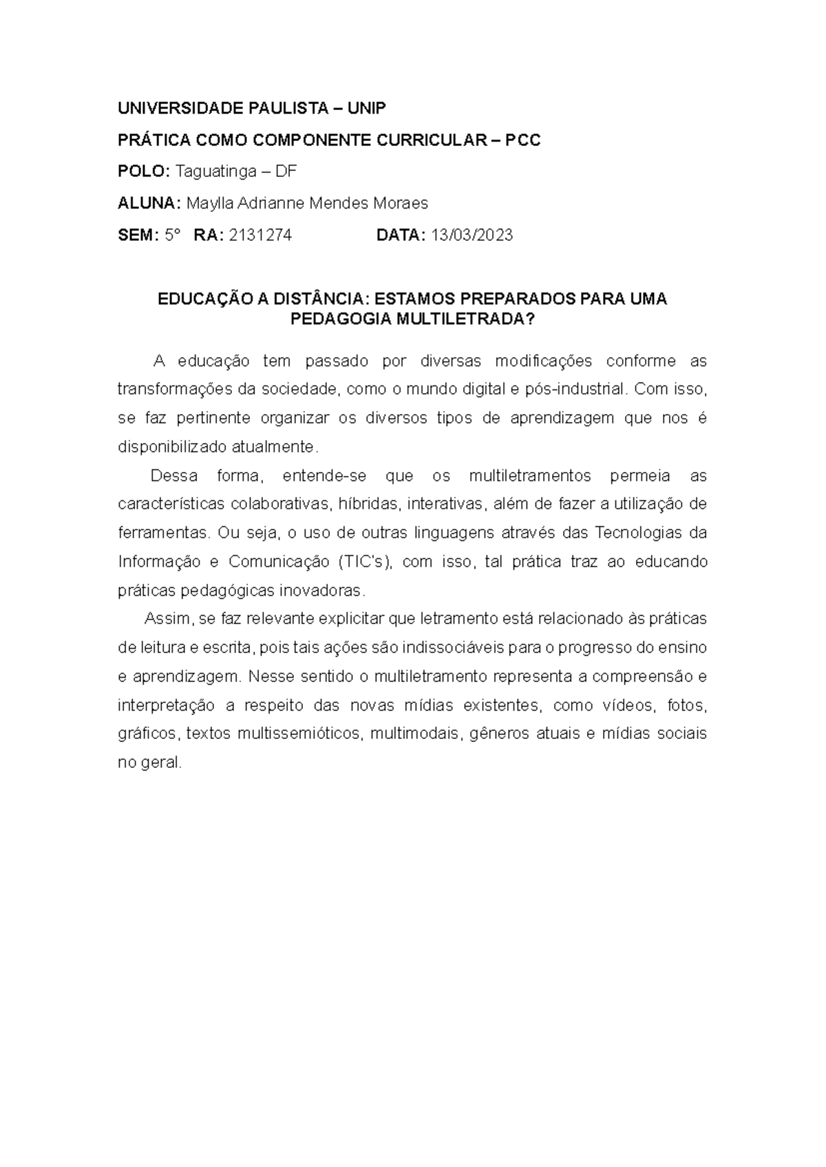 PCC 5: Educação a Distância e Pedagogia Multiletrada na Prática - Studocu