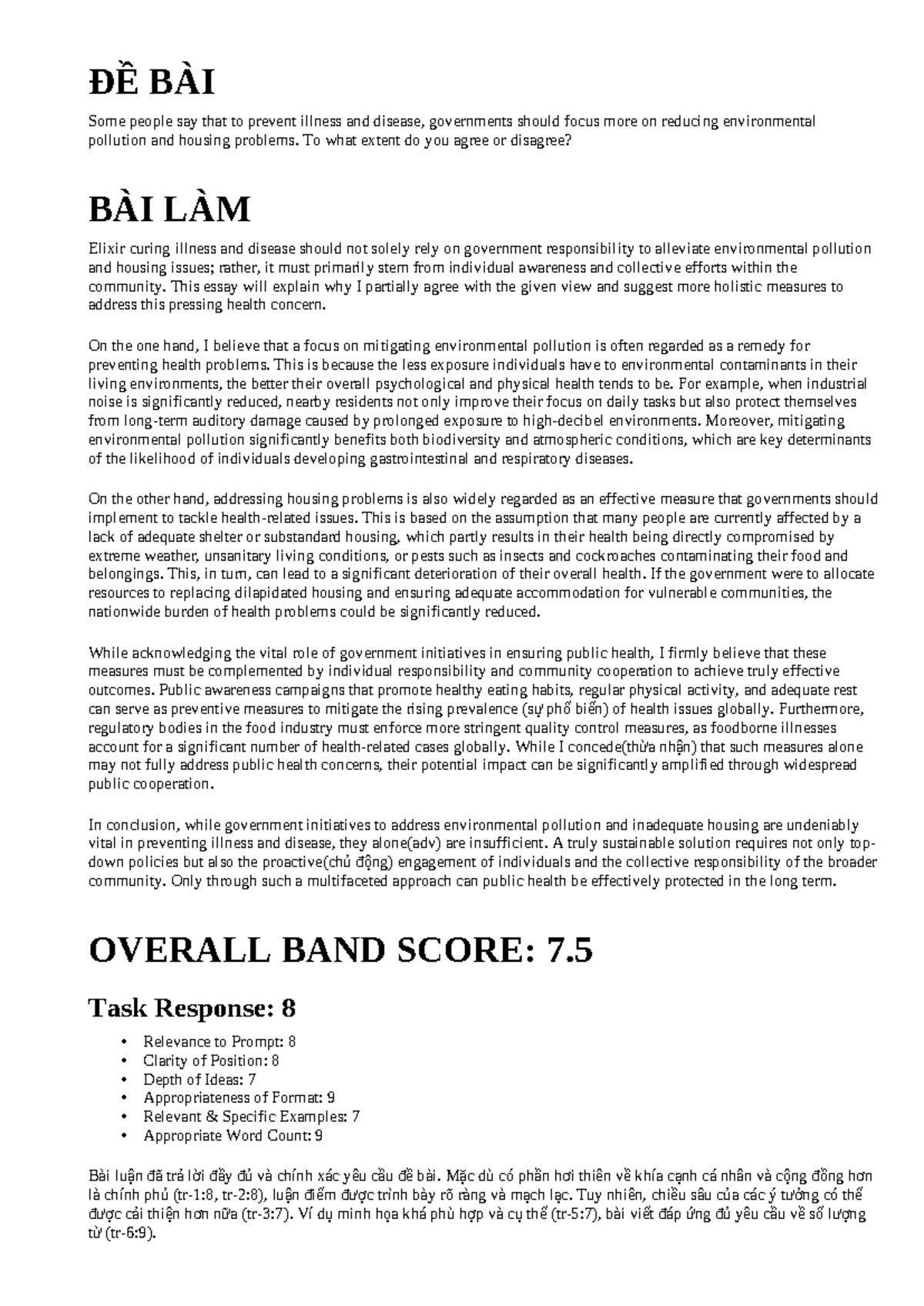 "IELTS Writing Task 2: Band 7 Essay on Health and Environment" - Studocu