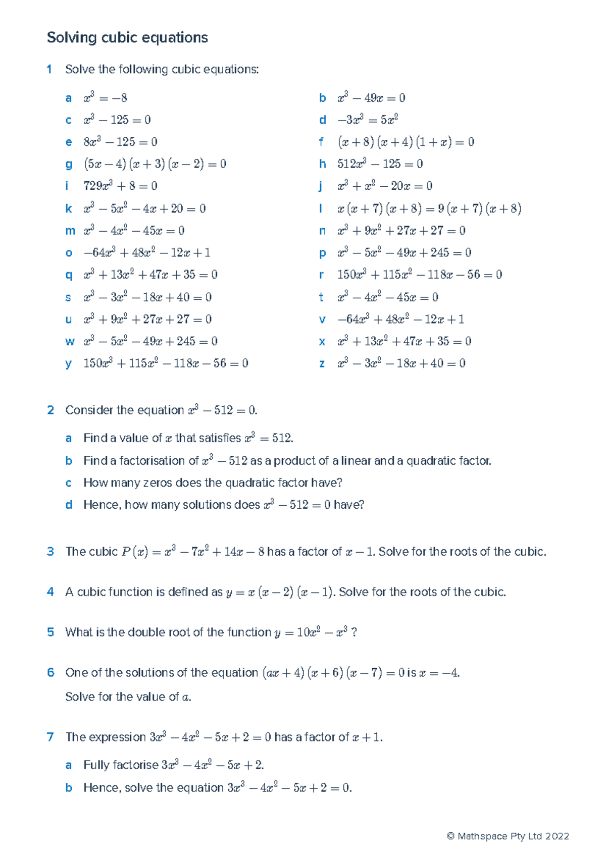 Cubic Equations Worksheet (3.04) - Problem Solving and Applications ...