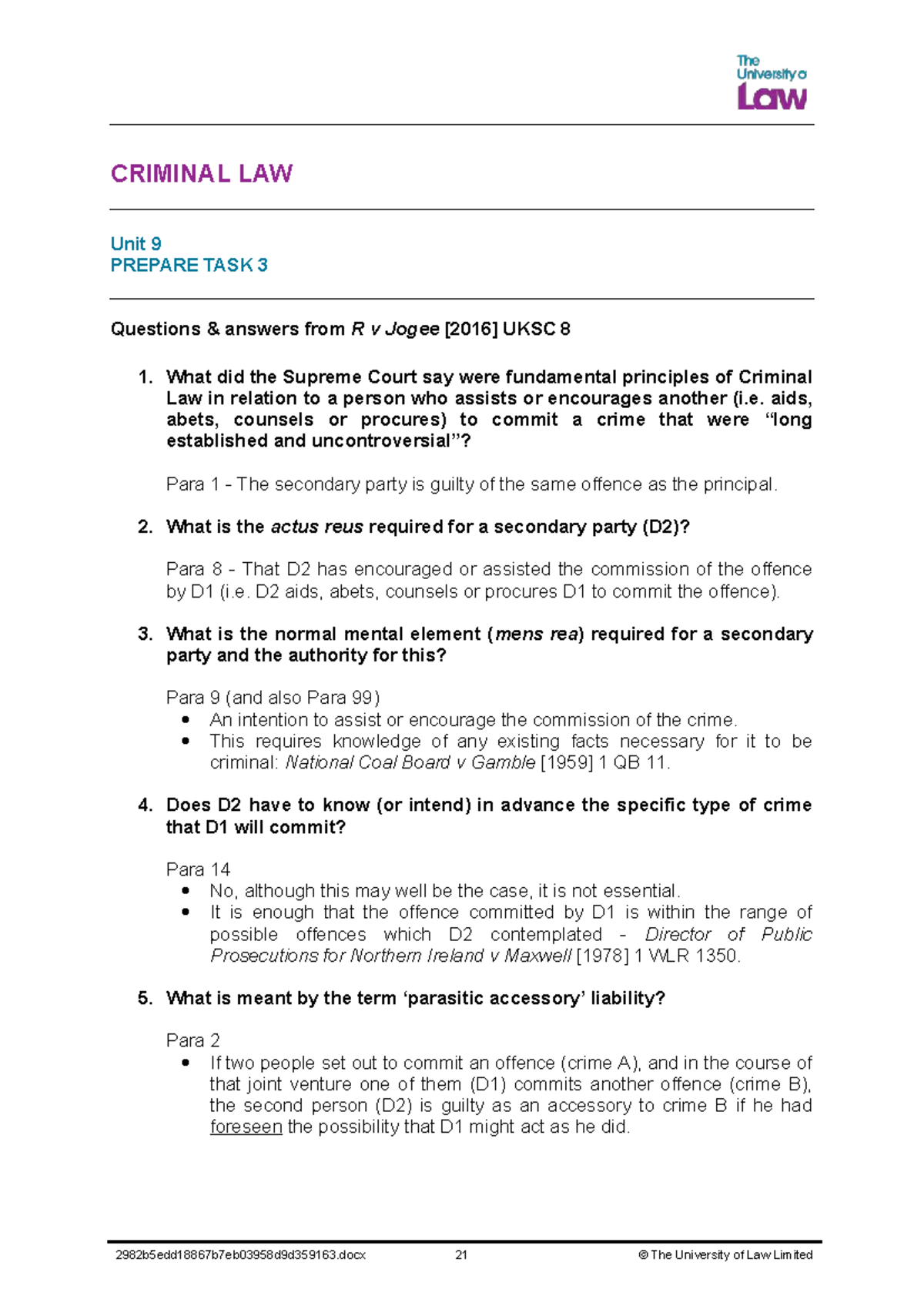 CRIMINAL LAW Unit 9 Task III Notes on R v Jogee UKSC - Studocu