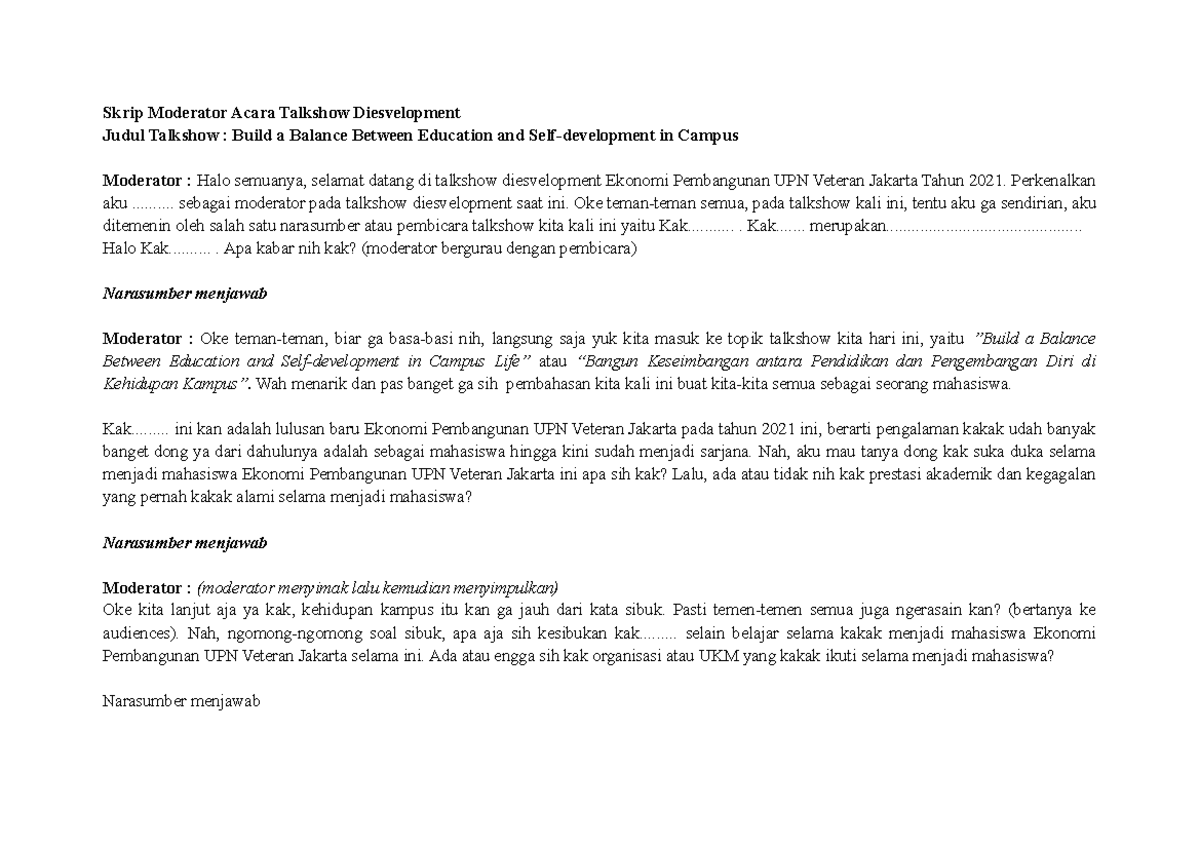 [ Revisi] Skrip Moderator Acara Talkshow Diesvelopment - Skrip ...