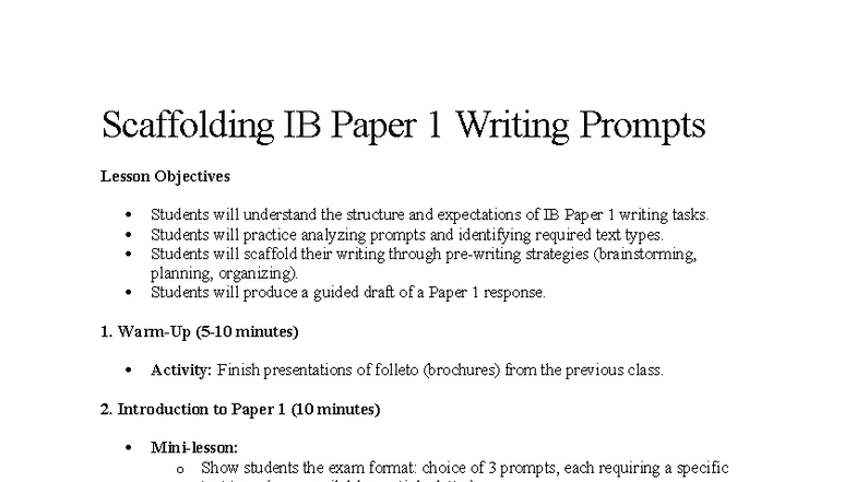 Scaffolding IB Paper 1 Writing Prompts: Lesson Objectives & Activities ...