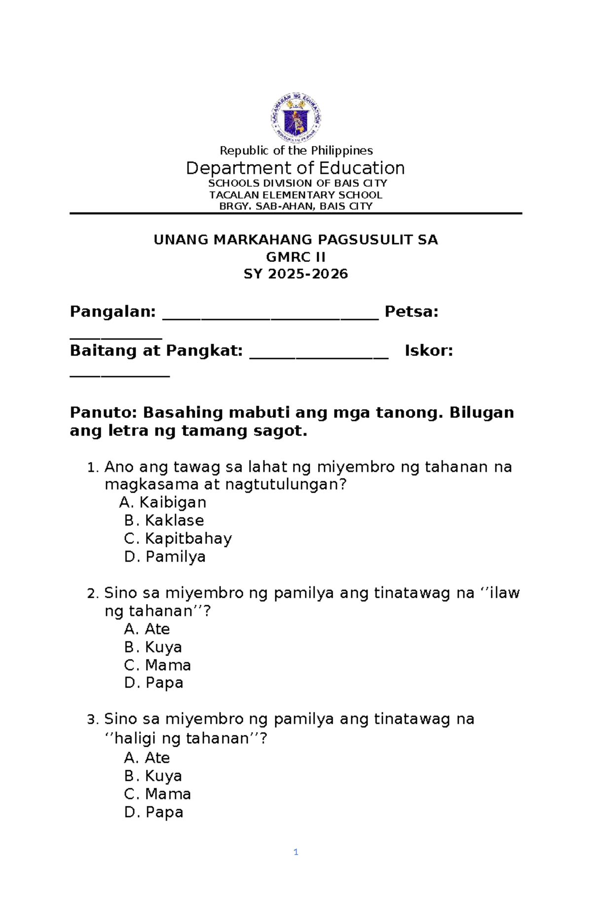 GMRC II Q1 Unang Markahang Pagsusulit sa Baitang 2 - Studocu