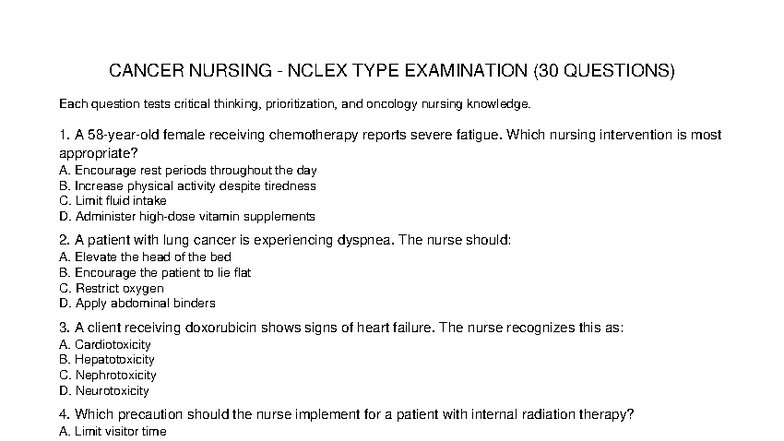 Cancer Nursing NCLEX Exam: 30 Questions for Critical Thinking - Studocu