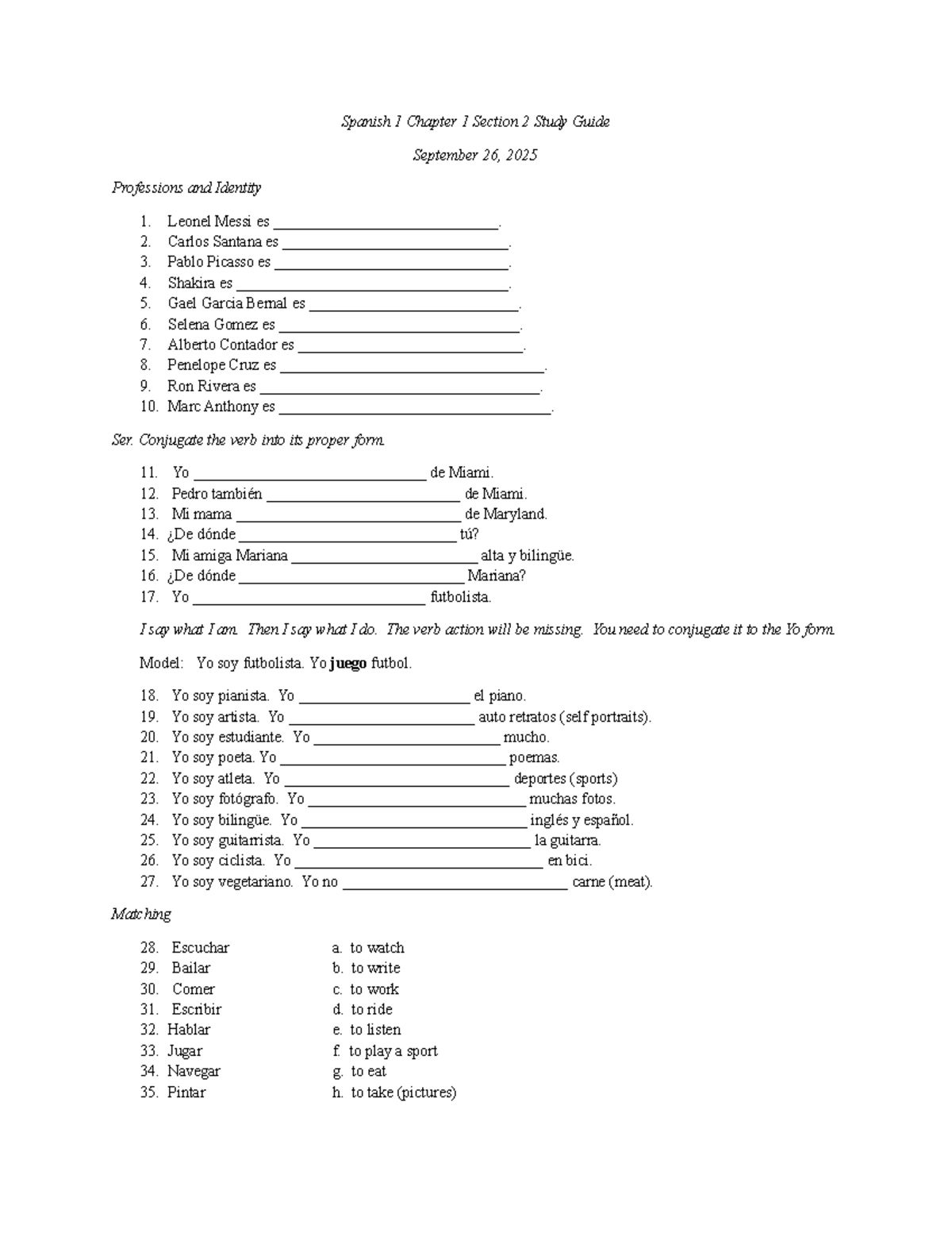 Spanish 1 Chapter 1 Sec 2 Study Guide: Professions & Conjugation - Studocu