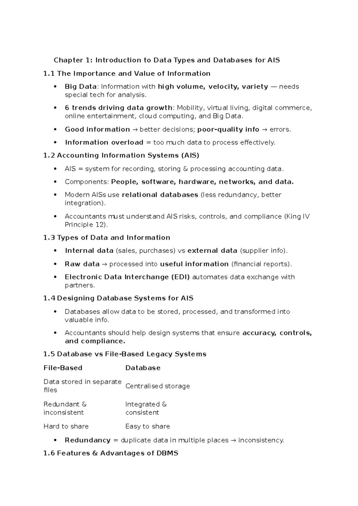Chapter 1: Introduction to Data Types and Databases for AIS - Studocu