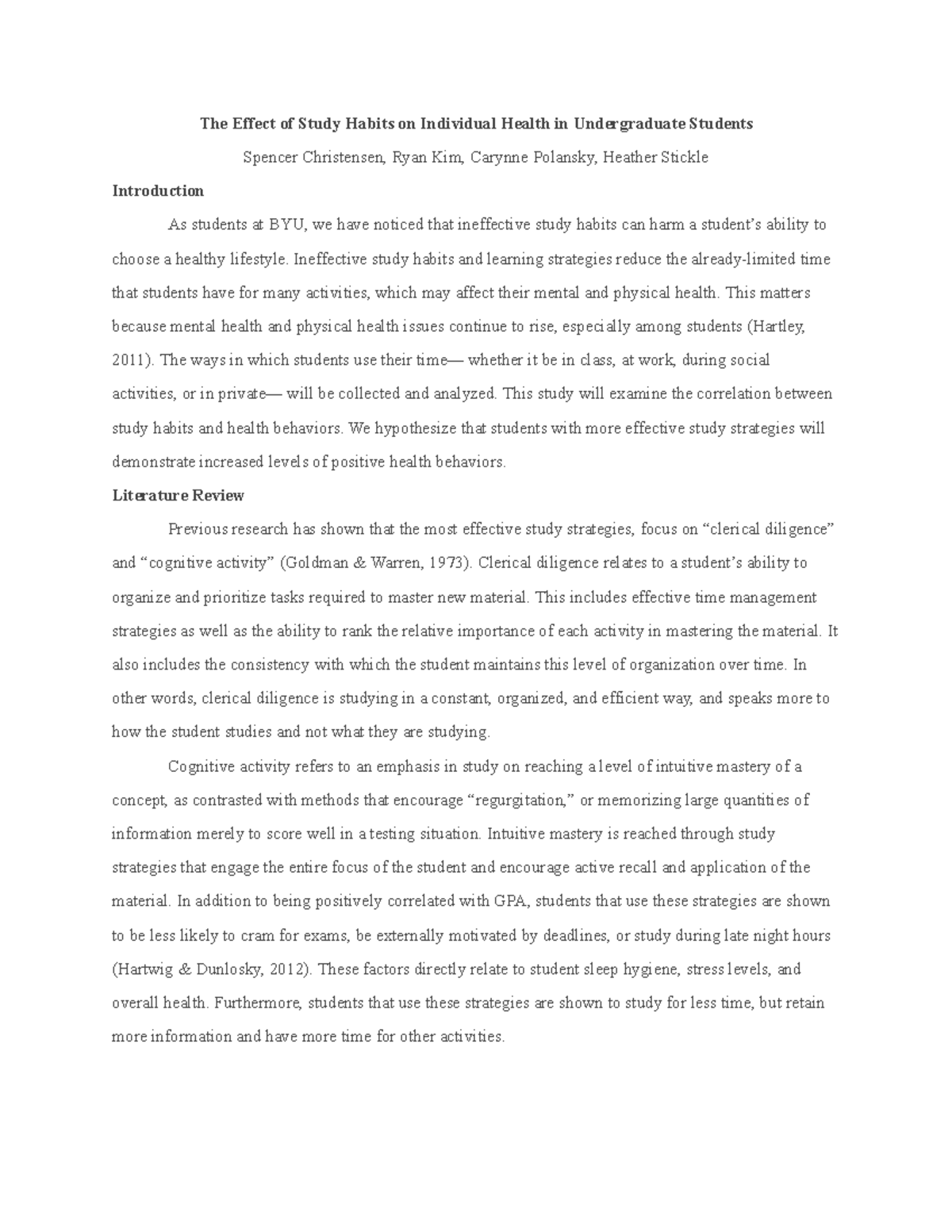 The Impact of Study Habits on Health Among BYU Undergrads - Studocu