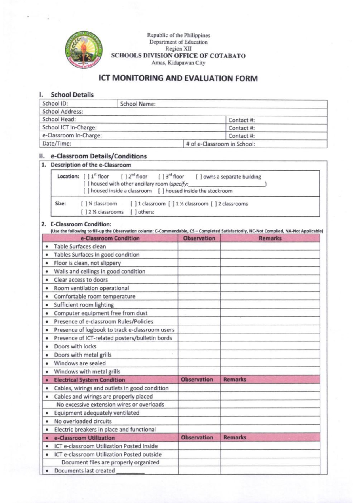 DCP ICT Monitoring and Evaluation Form for Schools in Region XII - Studocu