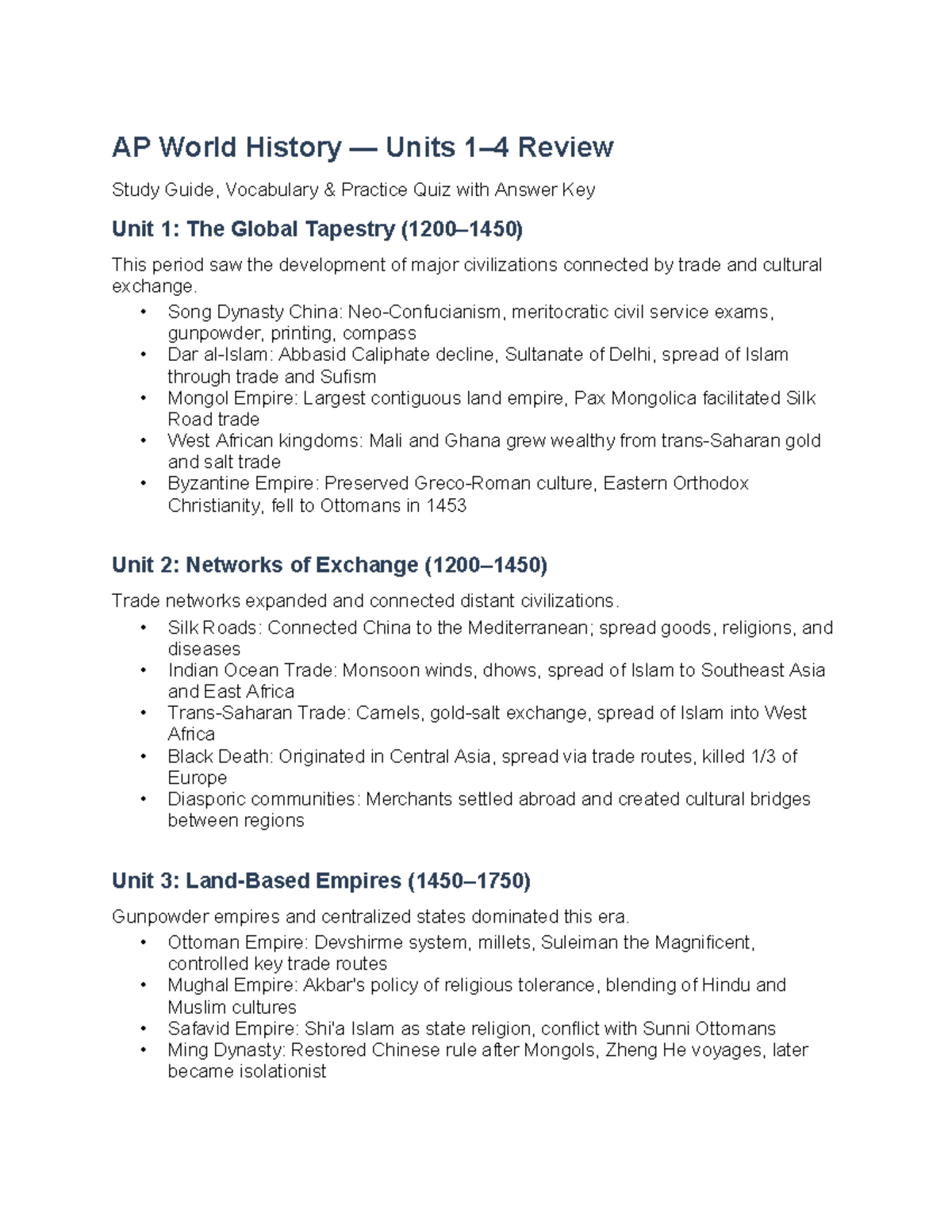AP World History Review: Units 1-4 Study Guide & Quiz Answers - Studocu