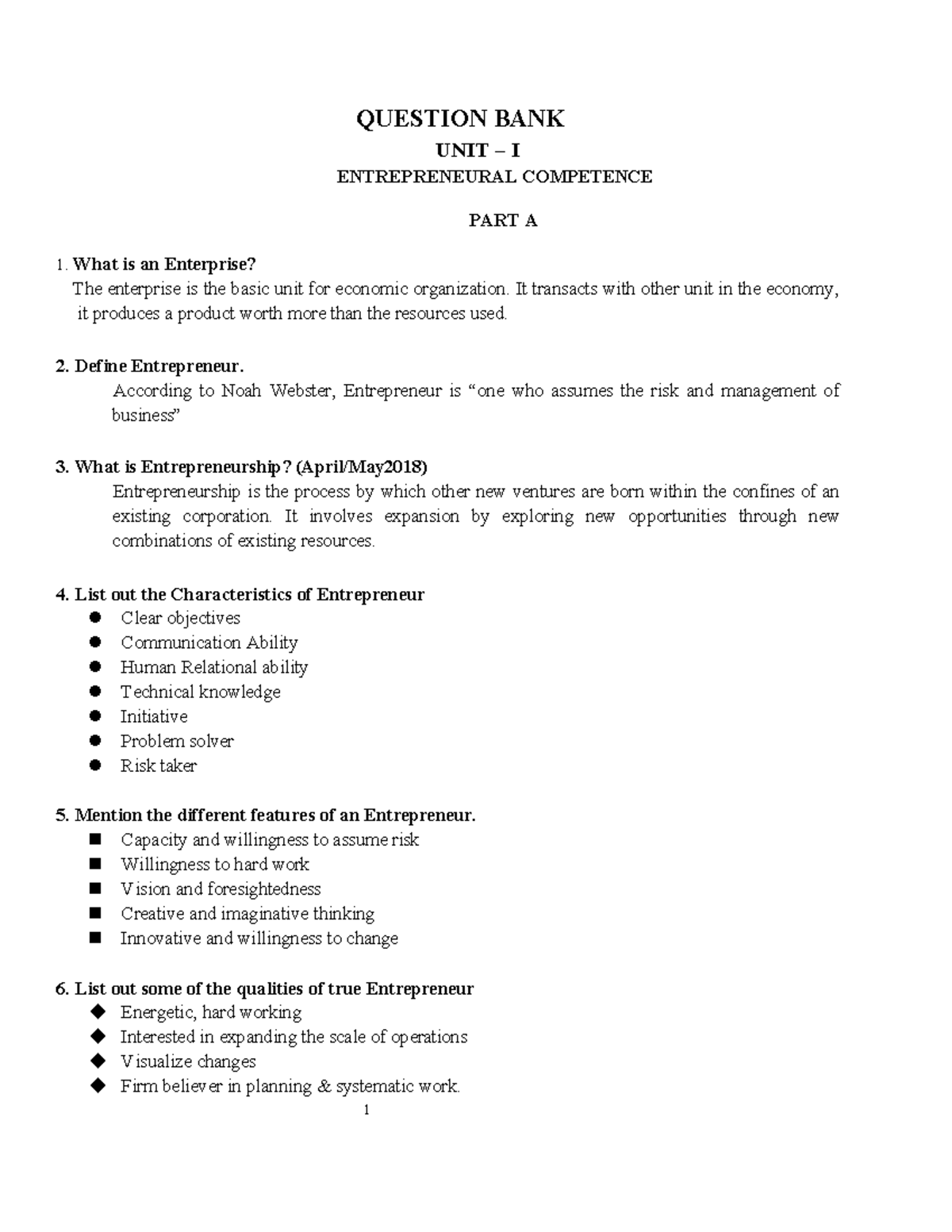 QUESTION BANK: ENTREPRENEURIAL COMPETENCE & ENVIRONMENT (UNIT I & II ...
