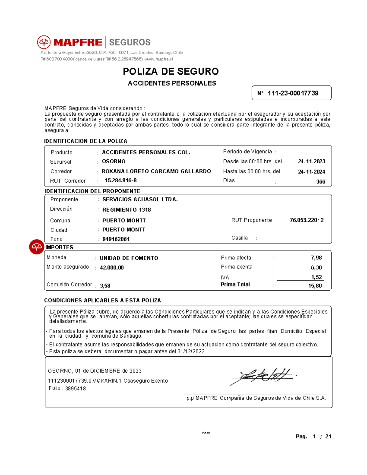 Póliza de Accidentes Personales Mapfre - Válida hasta diciembre 2024 ...
