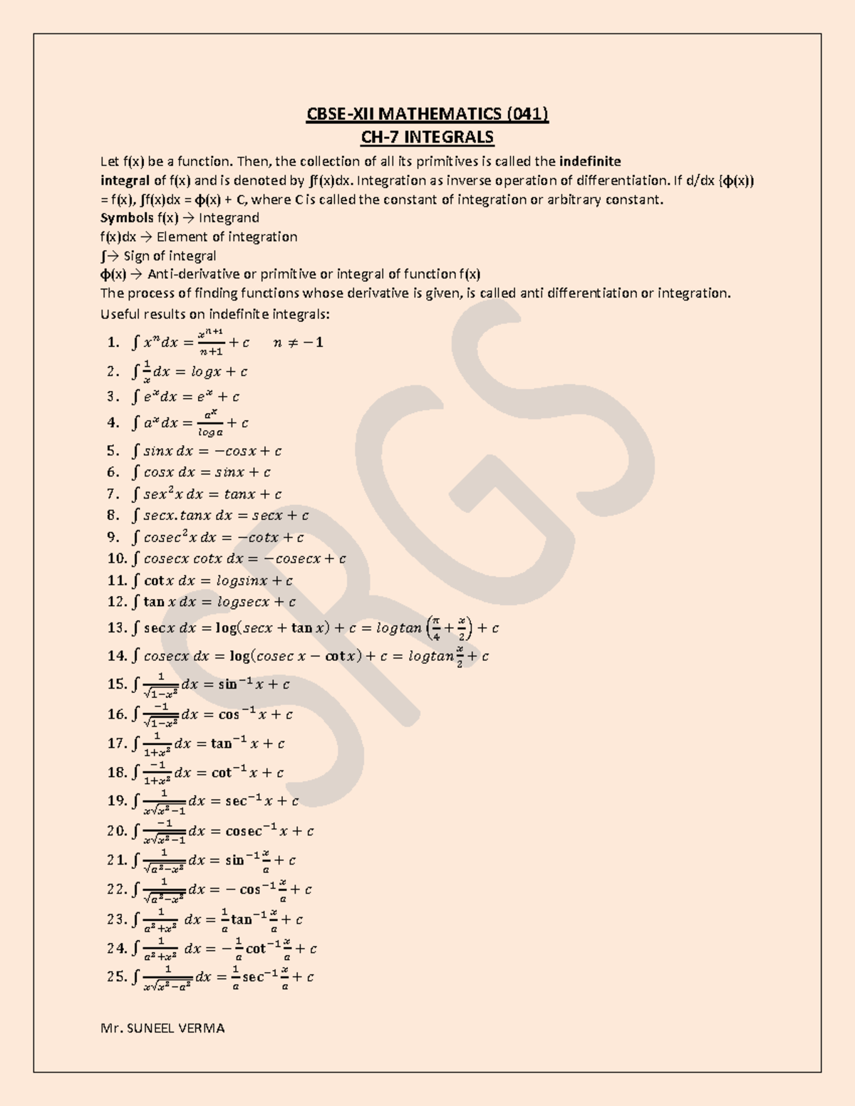 MATHEMATICS (041) INTEGRALS: Key Concepts and Previous Year Questions ...