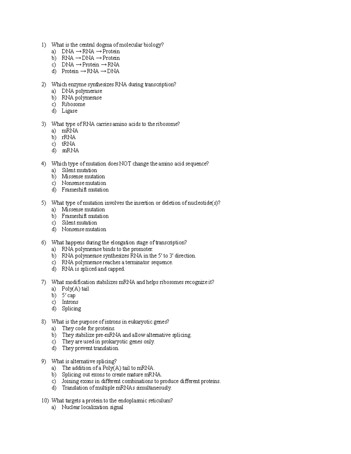 Practice Questions - Chapter 12 - Gene Expression (BIO101) - Studocu