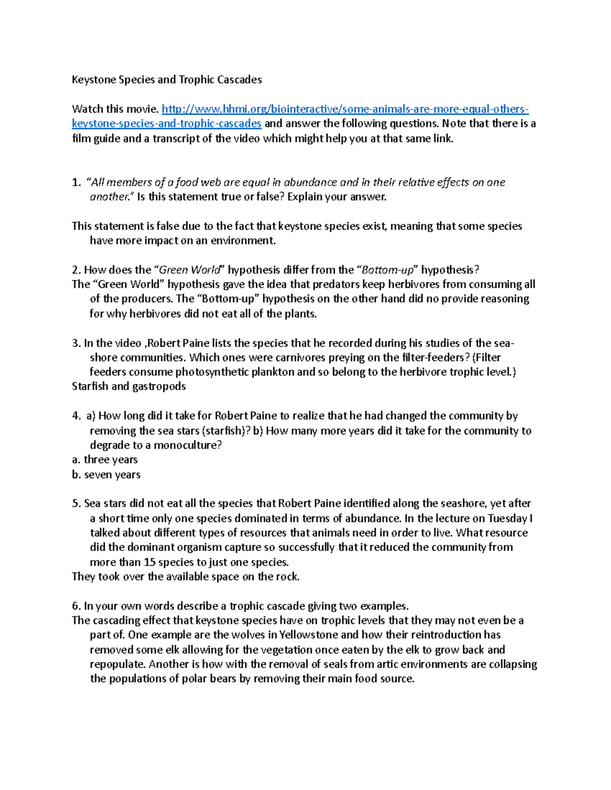 Keystone Species Lab Report: Trophic Cascades Explained - Studocu