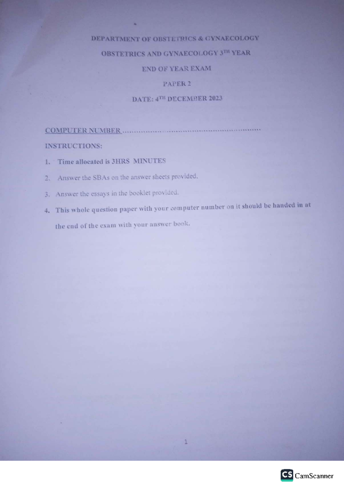 Obgy 2 Final Exam Paper - December 2023 Instructions and Questions ...