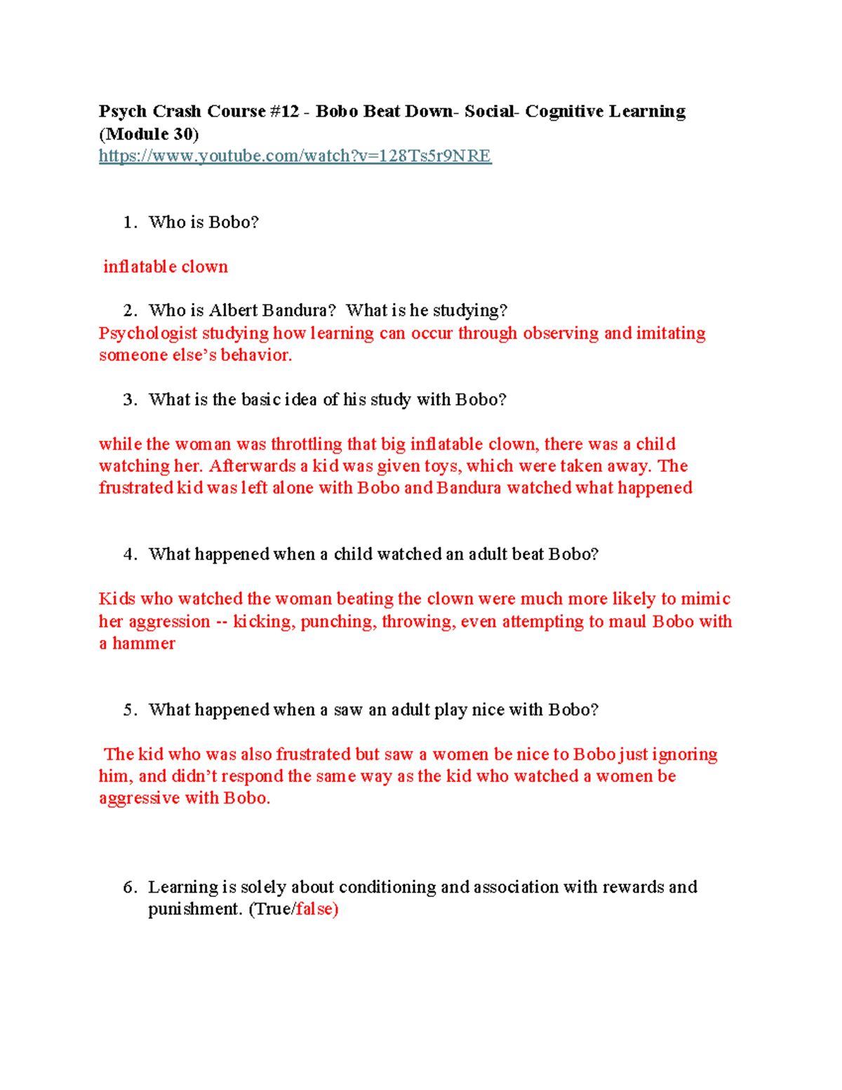 Crash Course #12 - Learning - Psych Crash Course #12 - Bobo Beat Down ...