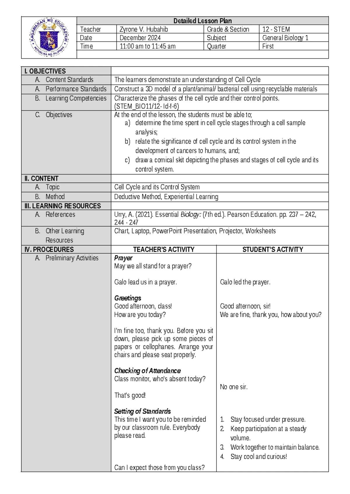 Gen Bio 1 - Cell Theory - Detailed Student Teacher Lesson Plan - Studocu