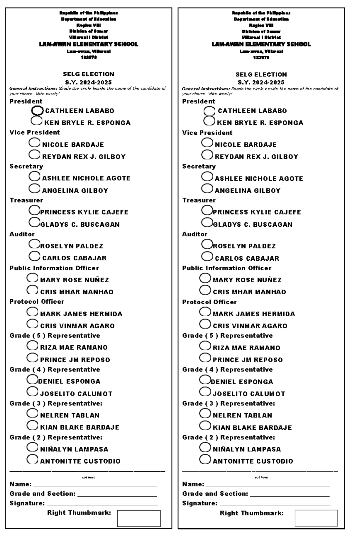 Balota LAM-AWAN ES: Sample Election Ballot for S.Y. 2023-2024 - Studocu