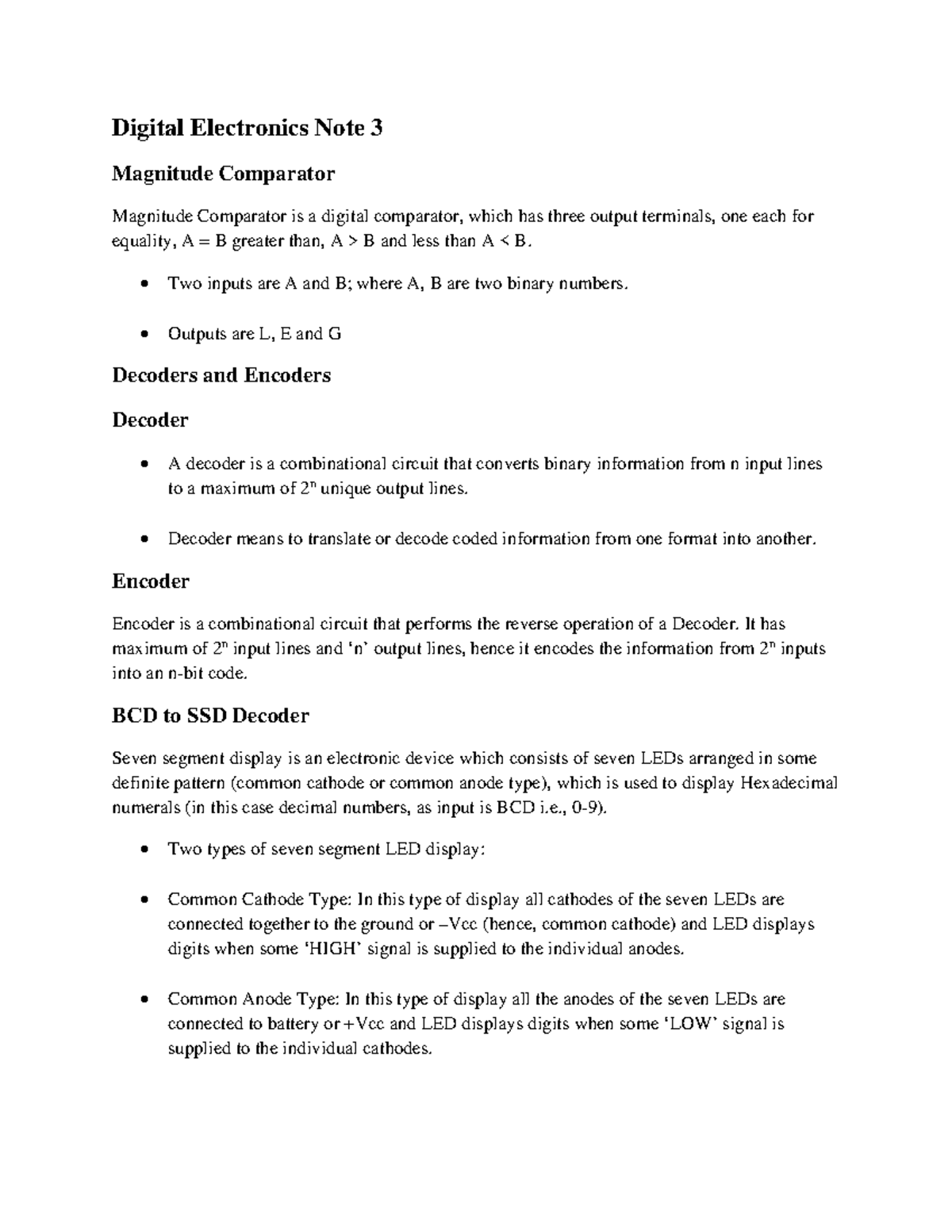 Digital Electronics Notes 3: Comparators, Encoders, and More - Studocu