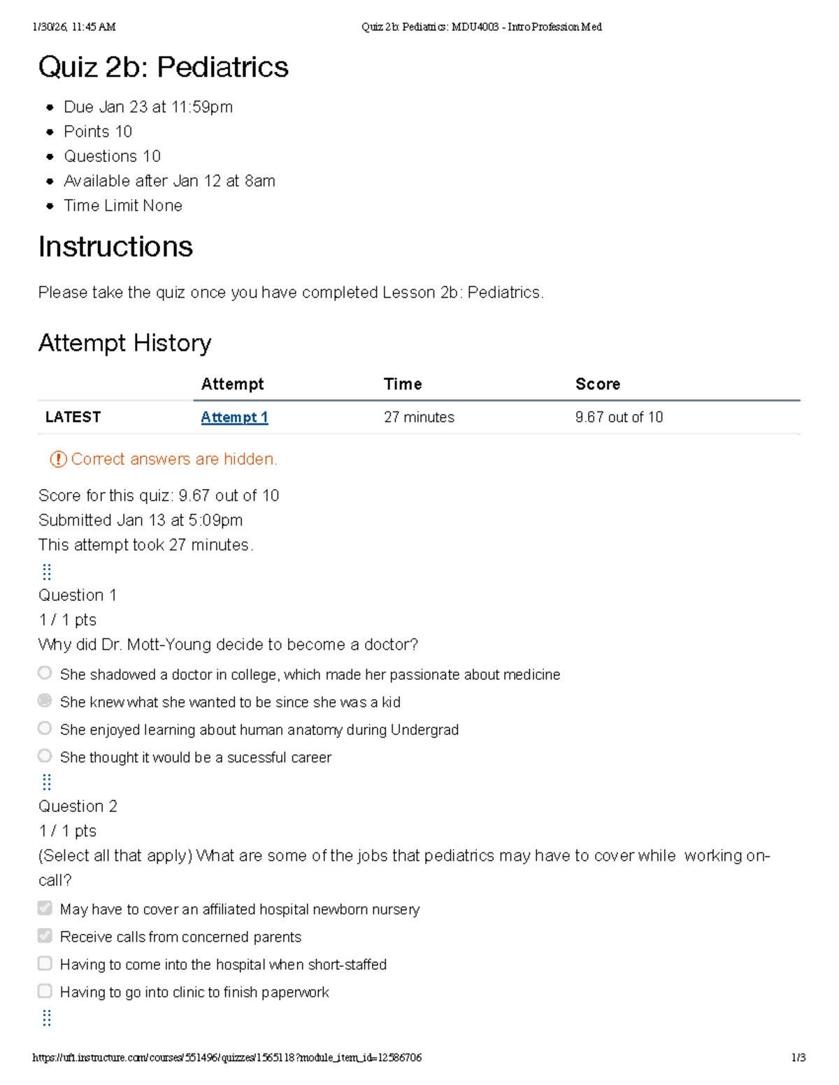 Quiz 2b: Pediatrics - MDU4003 Intro to Profession Med - Studocu