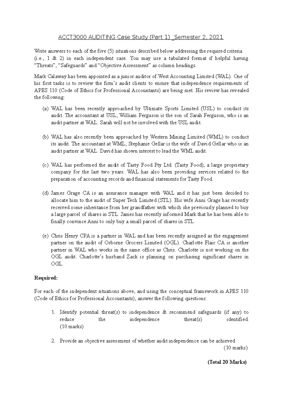 ACCT3000 Auditing Case Study: Ethics and Independence Challenges - Studocu