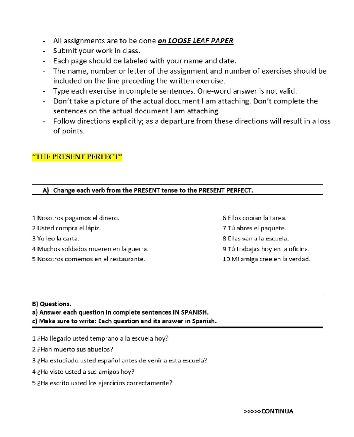 Tarea - Present Perfect Exercises (Spanish) - Studocu