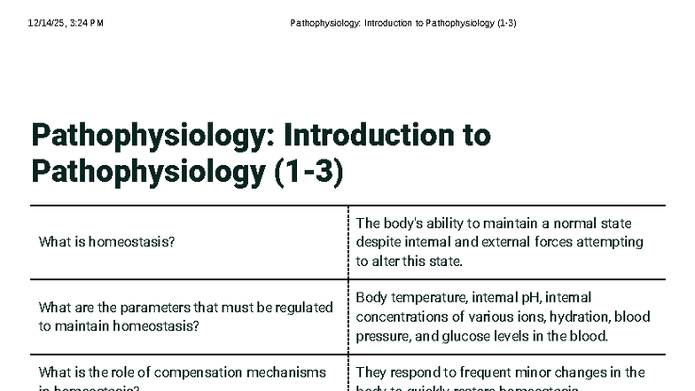Pathophysiology: Homeostasis and Disease Mechanisms (3:24 PM) - Studocu