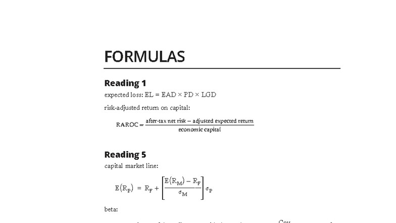 FRM P1B2 Formulas: Key Financial Concepts and Calculations - Studocu