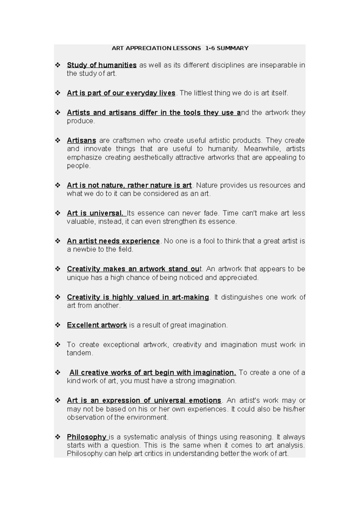 ART APP. Lessons 1-6 Summary Notes (MEL) - Studocu