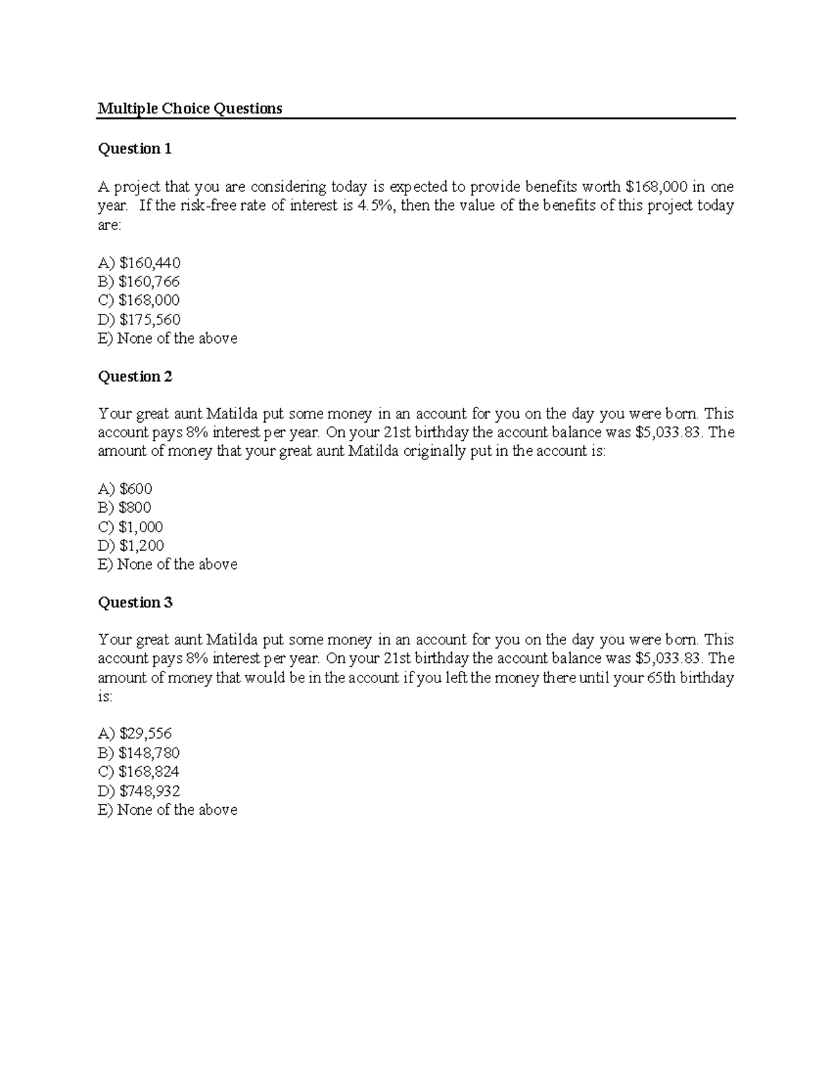 Practice Questions for Finance Course: MCQs and Problem Solving - Studocu