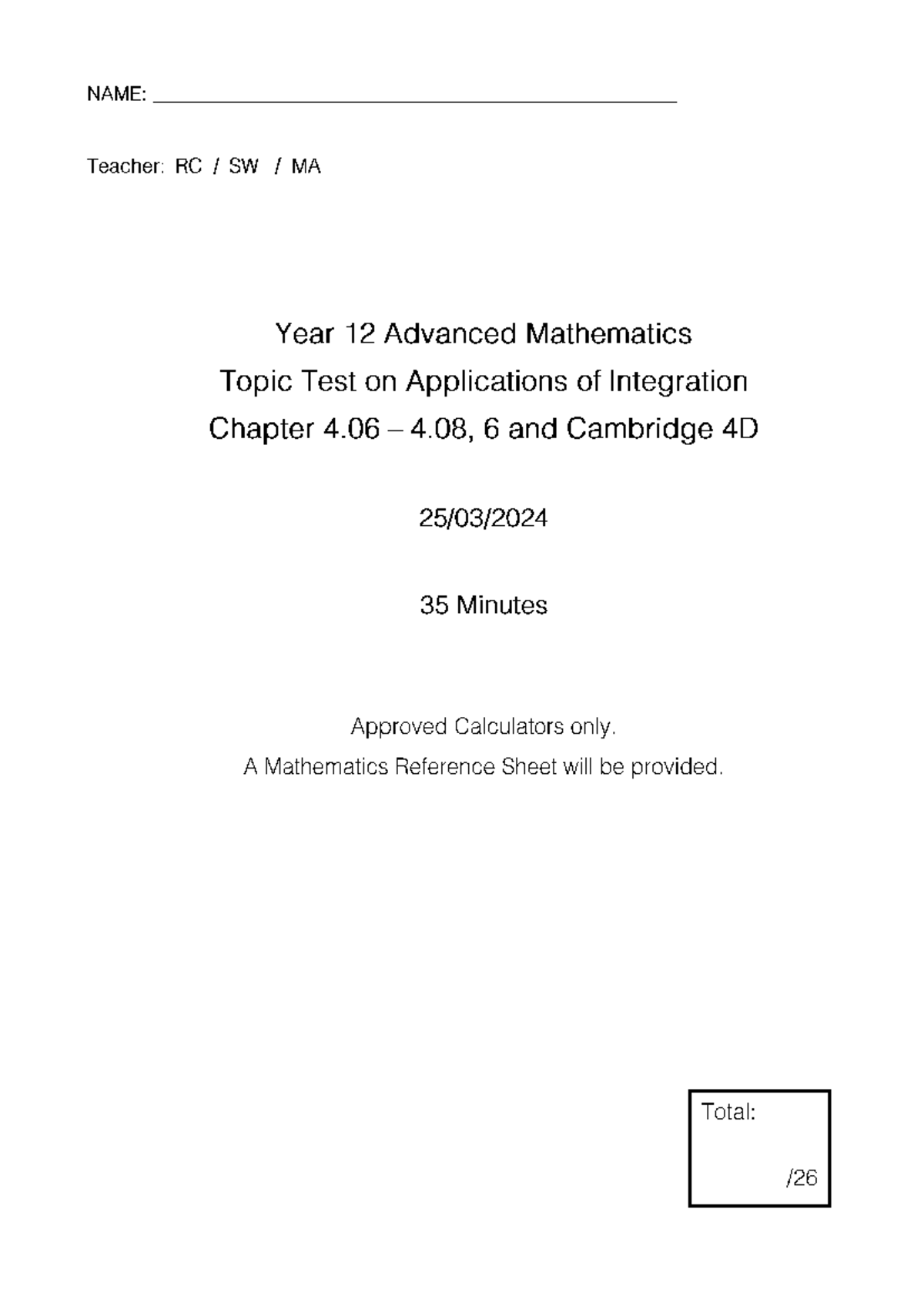 2024 Y12 Adv Integration Test 2: Multiple Choice Questions - Studocu