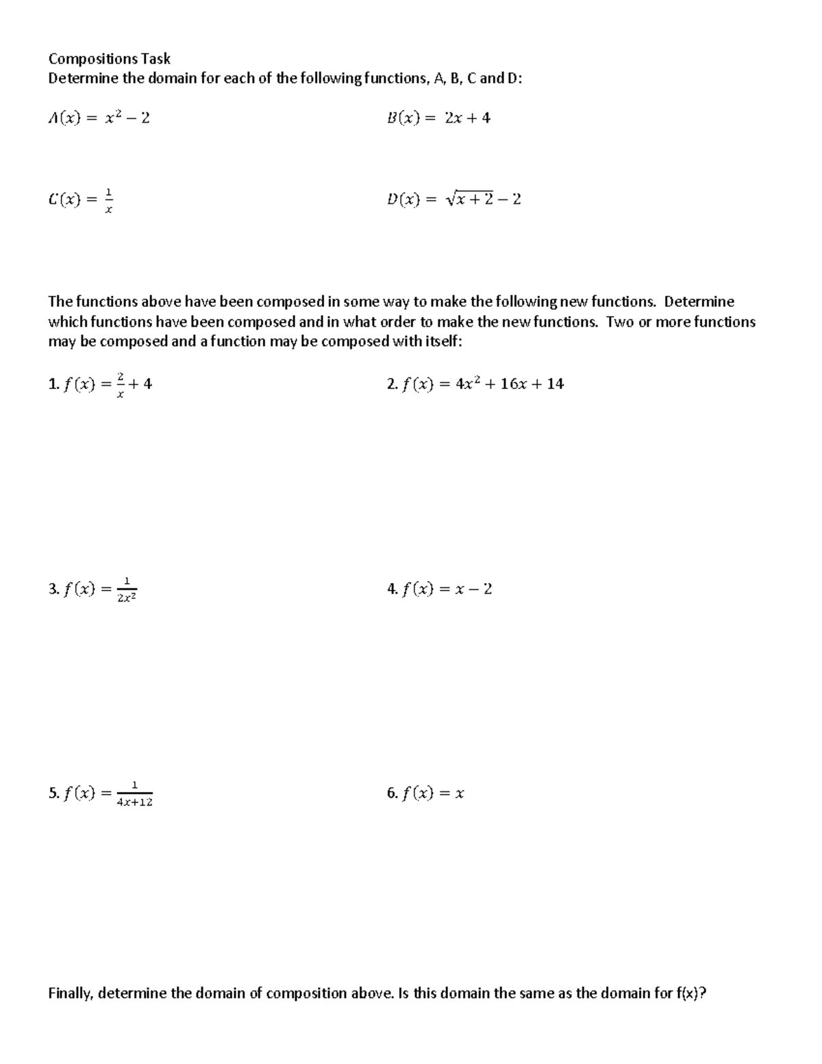Compositions Task: Domain Determination for Functions A, B, C, D (1.8 ...