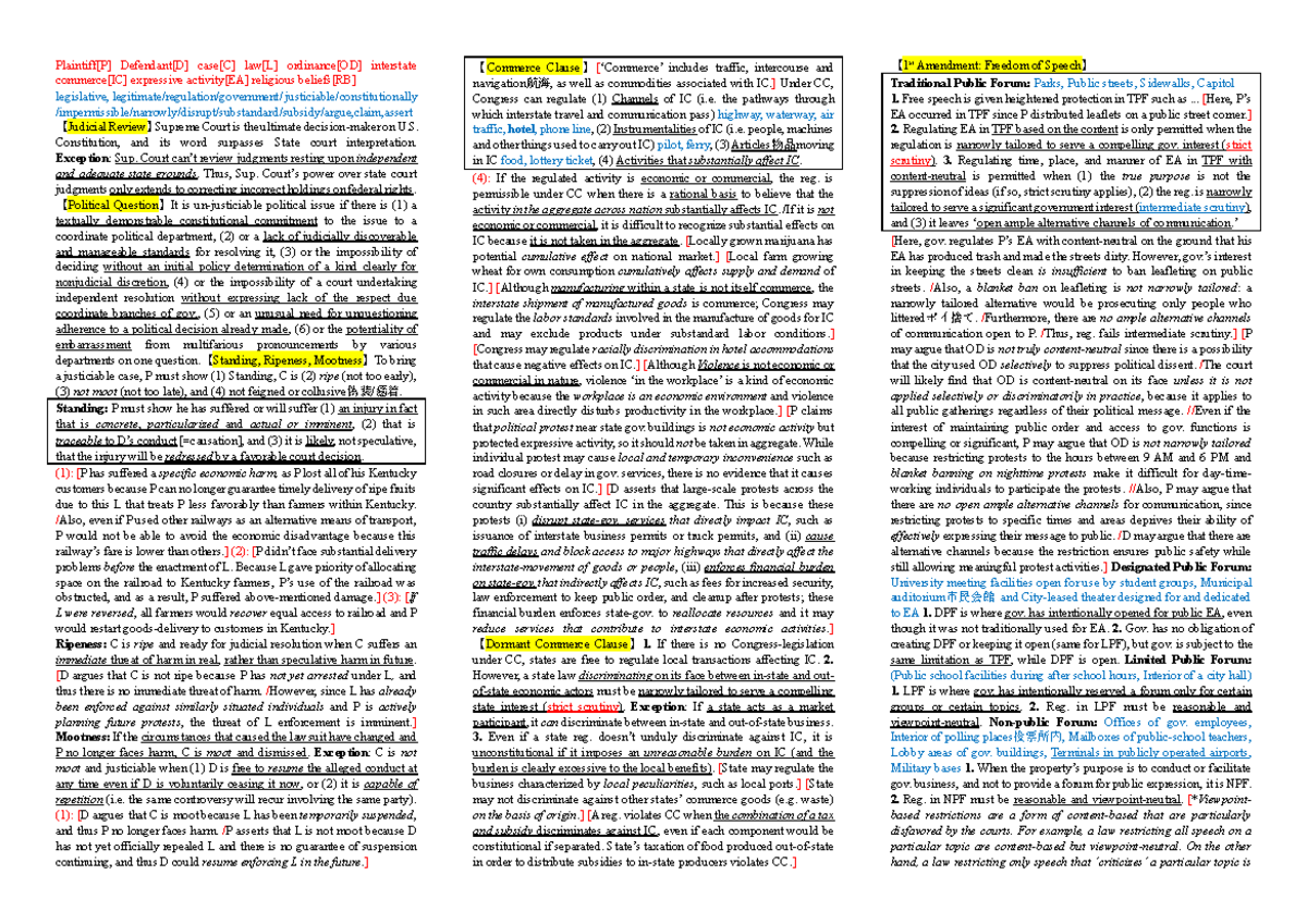 Constitutional Law - Exam Cheat Paper - Plaintiff[P] Defendant[D] case ...