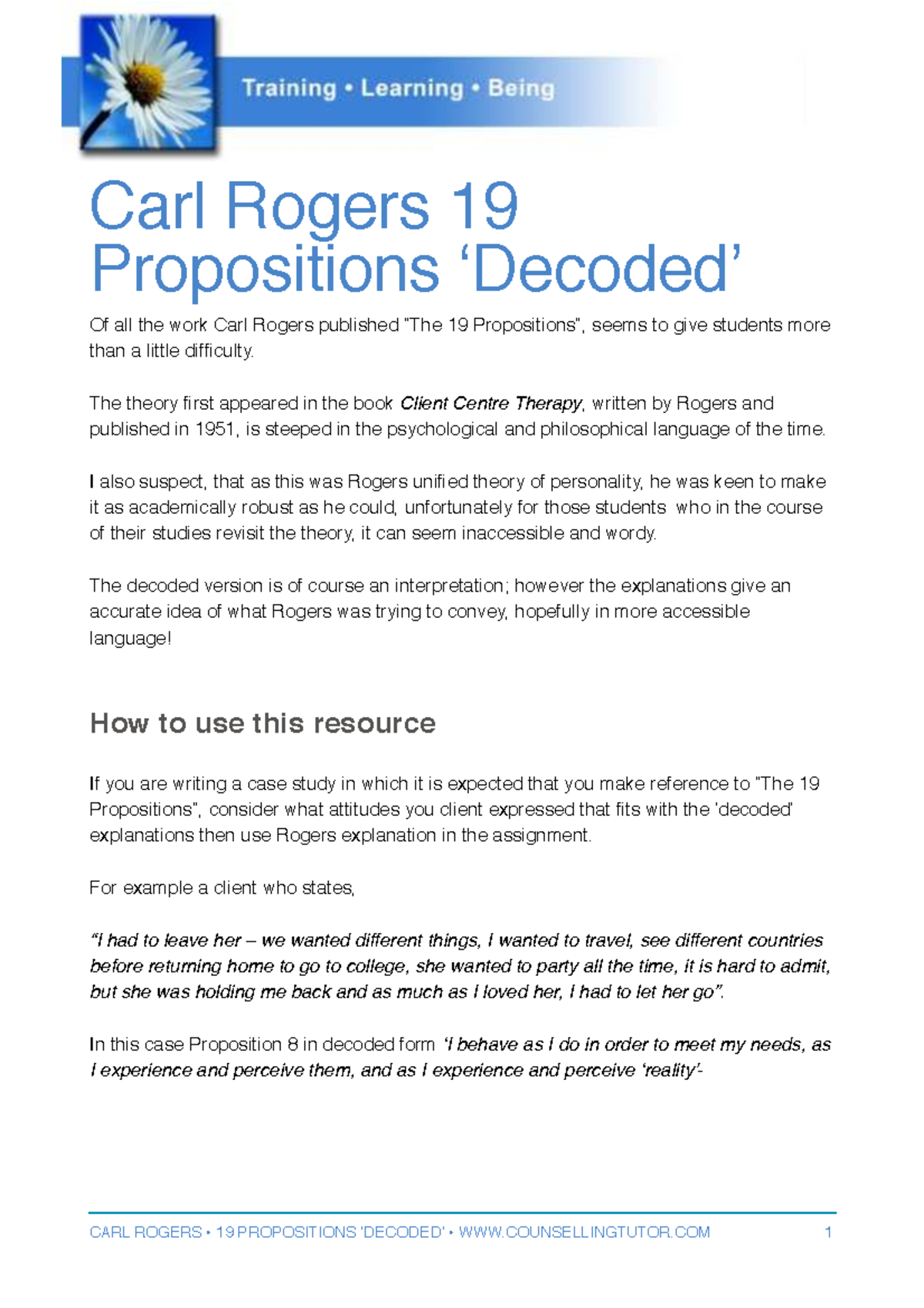Carl Rogers 19 Propositions Decoded: PCA Cheat Sheet - Studocu