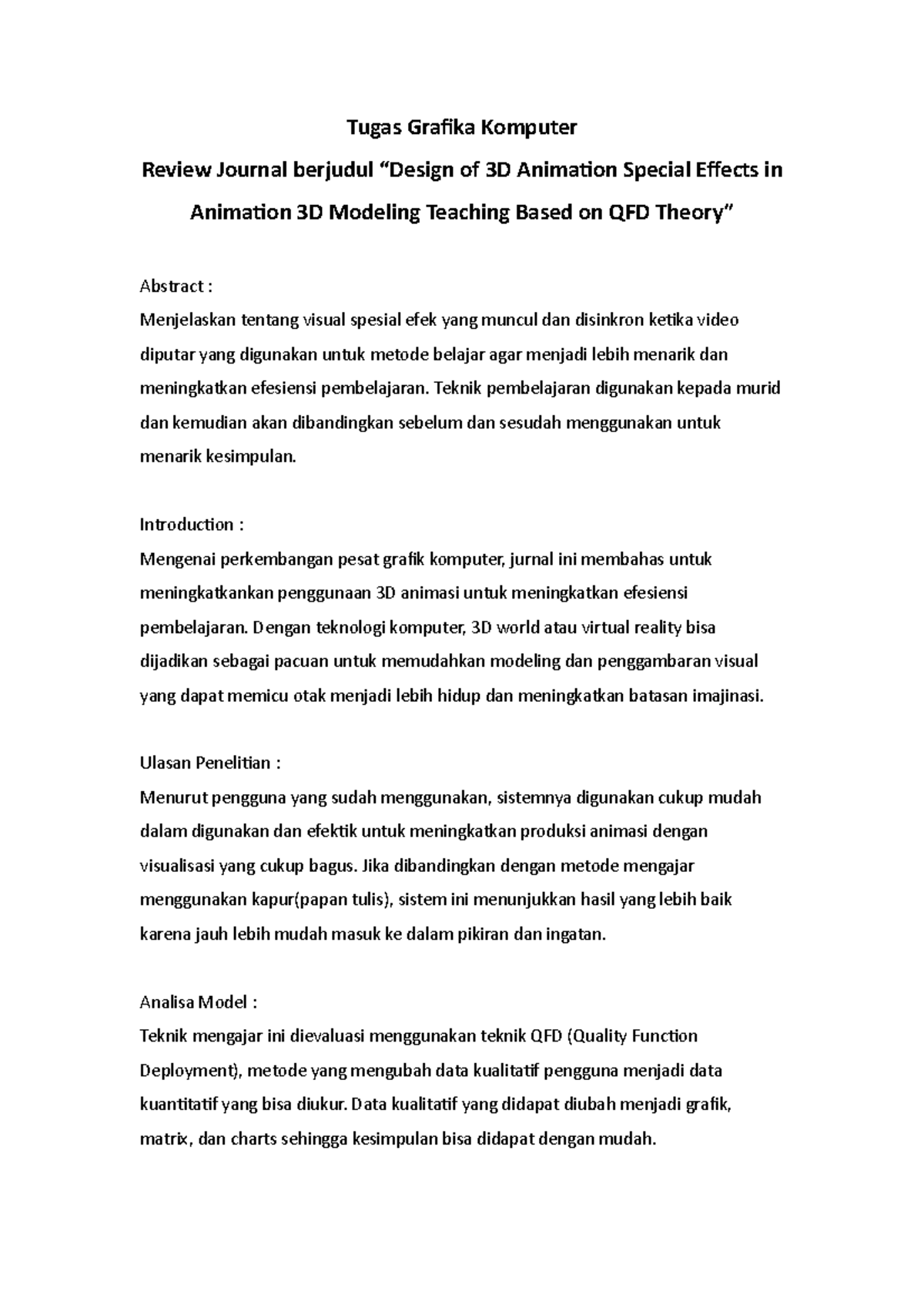 Tugas Grafika Komputer - Journal Review of 3D Animation Teaching - Studocu