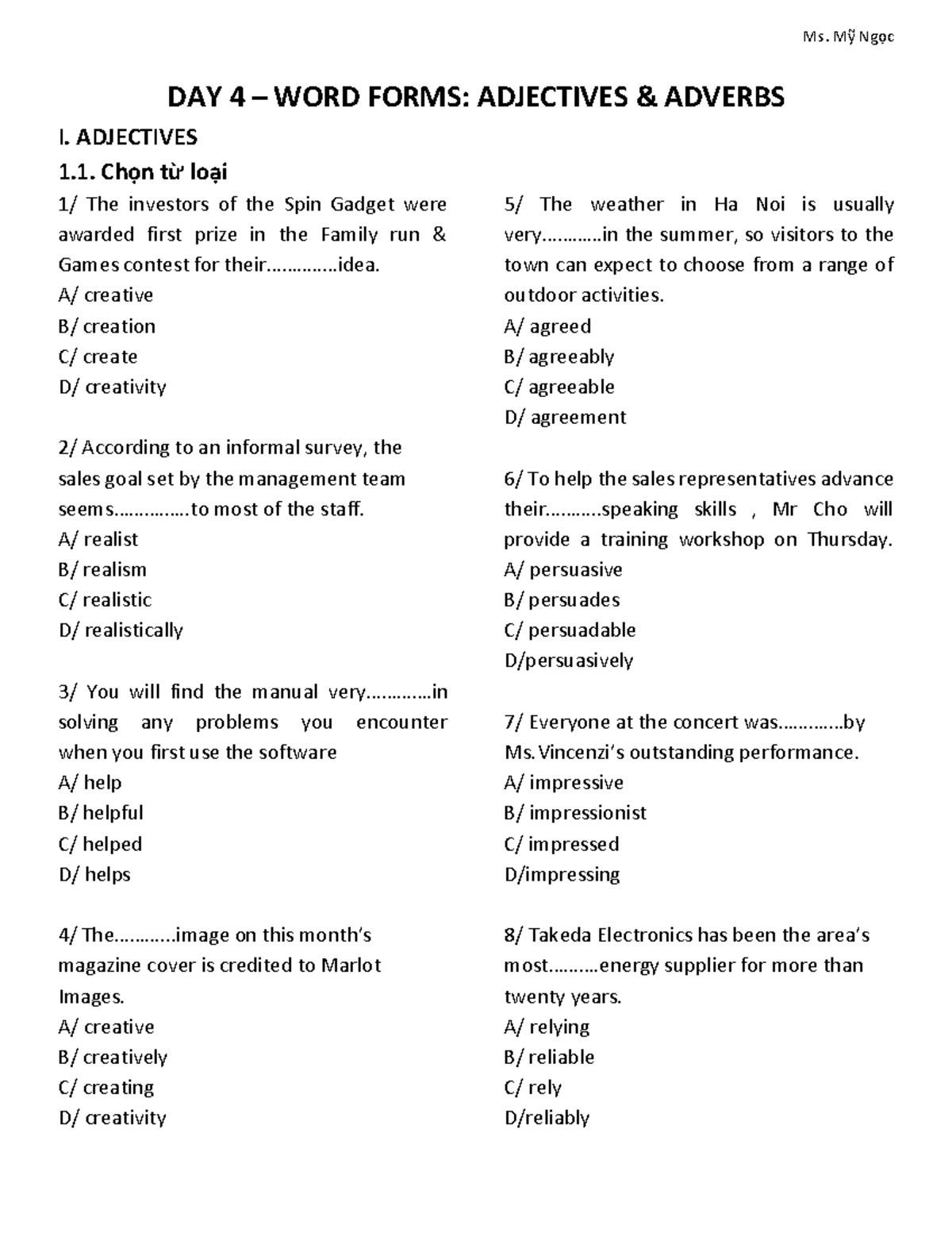 ADJ Course 3: Word Forms - Adjectives & Adverbs with Ms. Mỹ Ngọc - Studocu