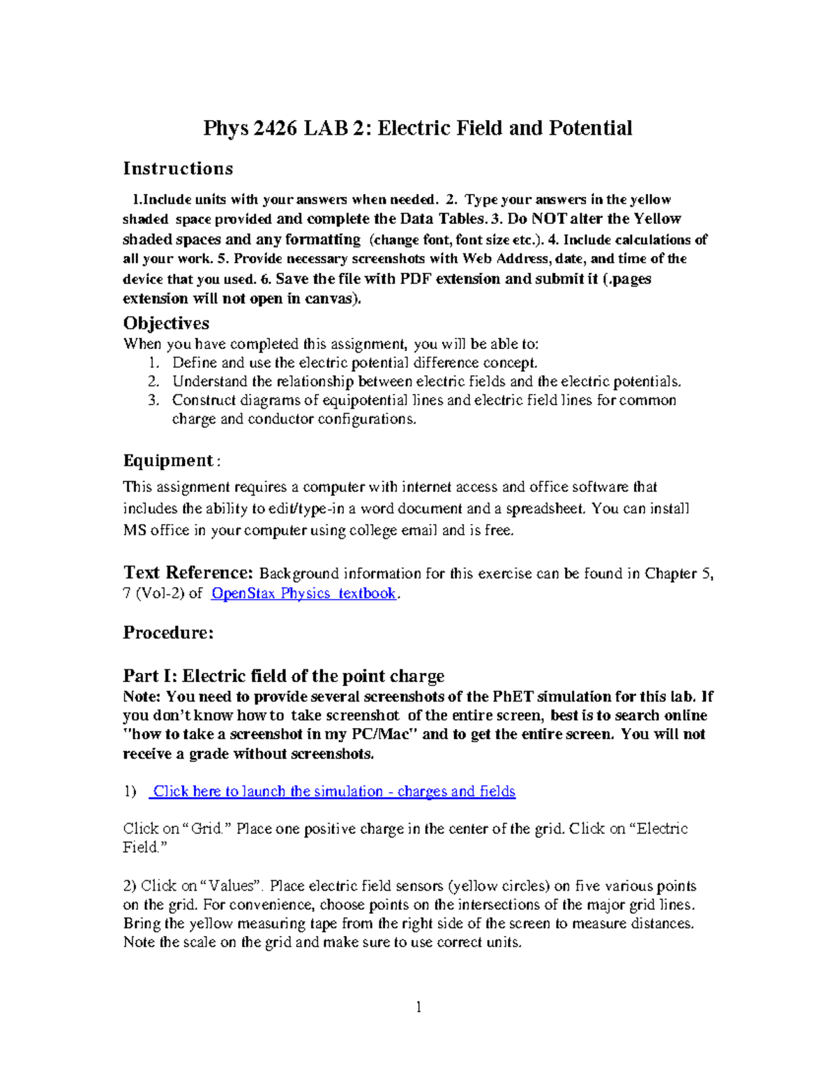 Phys 2426 Lab 2: Exploring Electric Field and Potential Concepts - Studocu