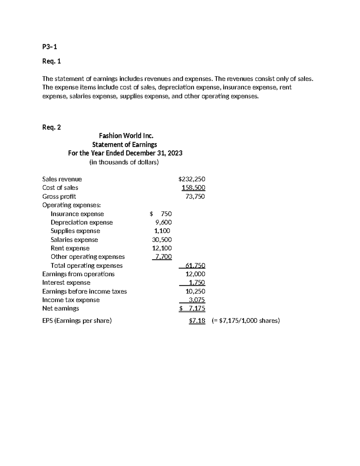 Simulation Source Documents - P3– Req. 1 The statement of earnings ...