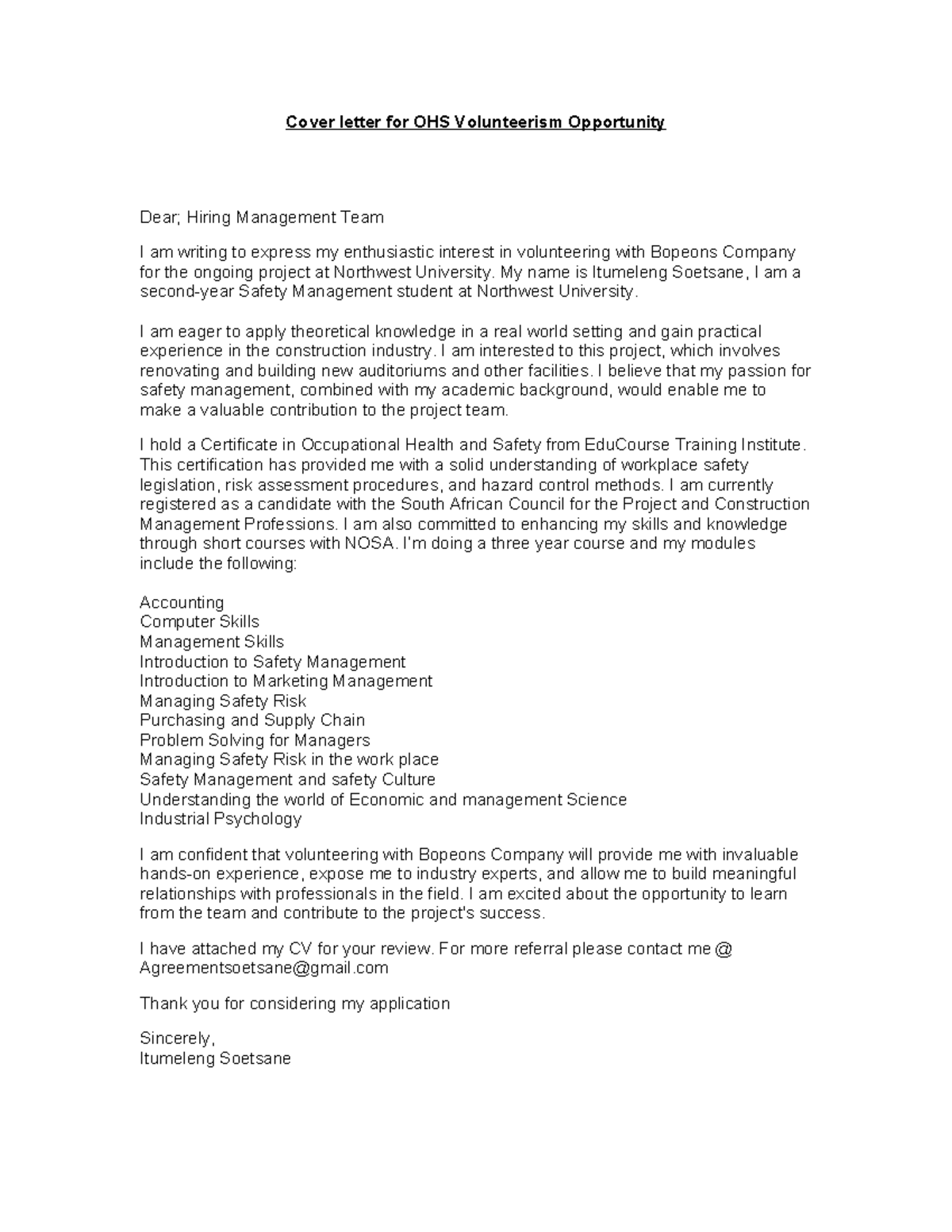 OHS Volunteer Cover Letter for Bopeons Company Opportunity - Studocu