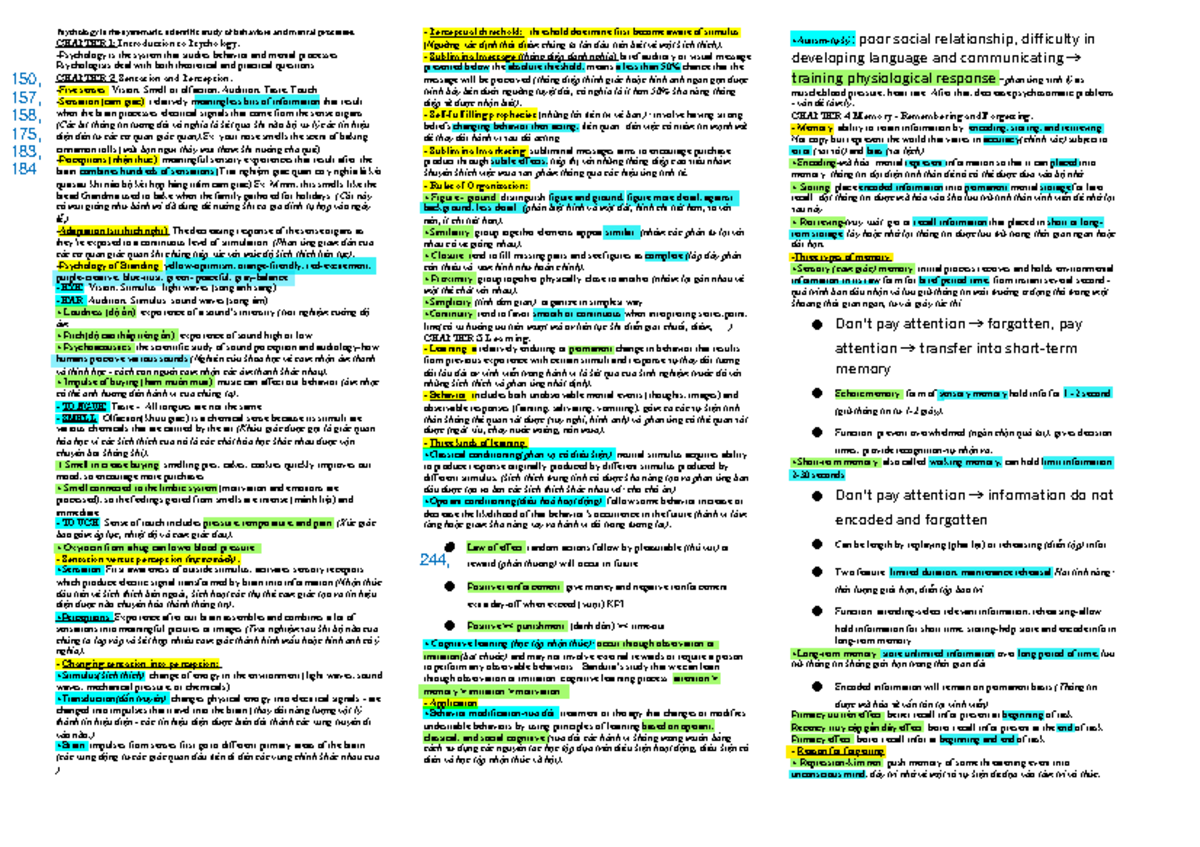 Psy 101 - Summary of Key Concepts in Introduction to Psychology - Studocu