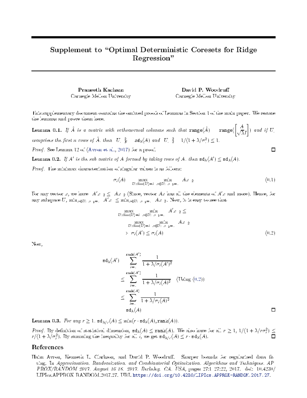 Supplement to Deterministic Coresets for Ridge - Kacham 20a - Studocu