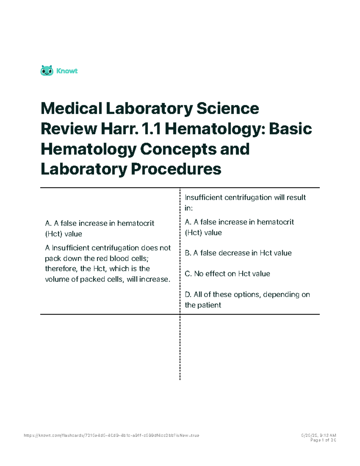 Medical Laboratory Science Review Harr. 1.1: Hematology Concepts ...