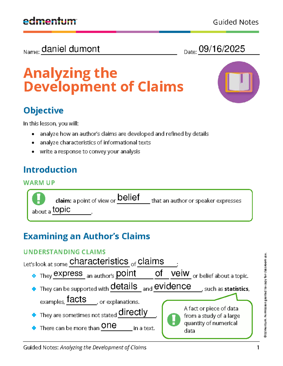 Guided Notes: Analyzing the Development of Claims in Texts - Studocu