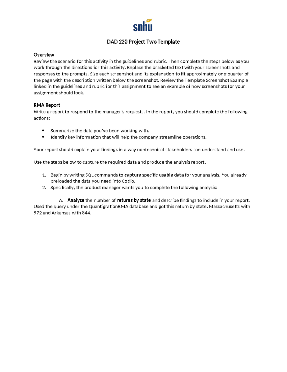 DAD 220 Project Two: RMA Analysis Report Template - Studocu