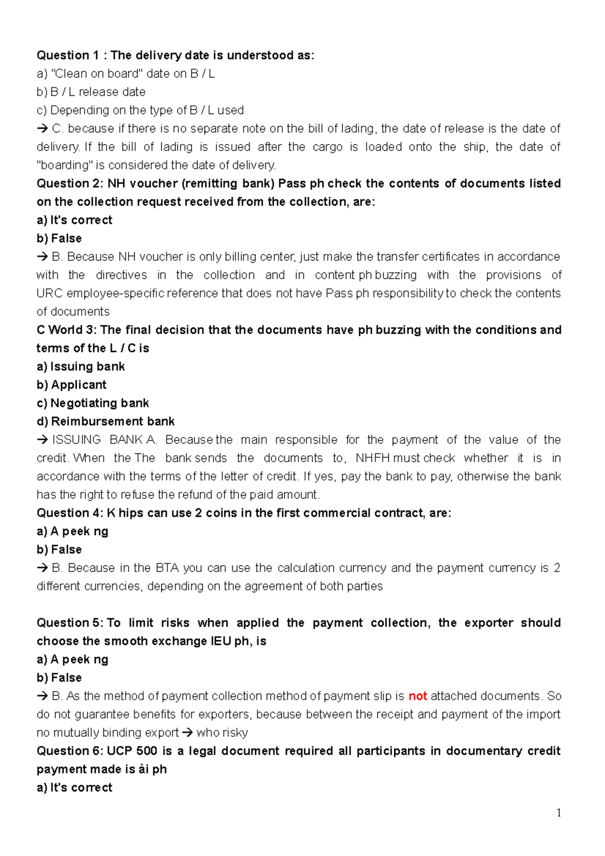 Multiple-choice questions Payment and credit in International Trade ...