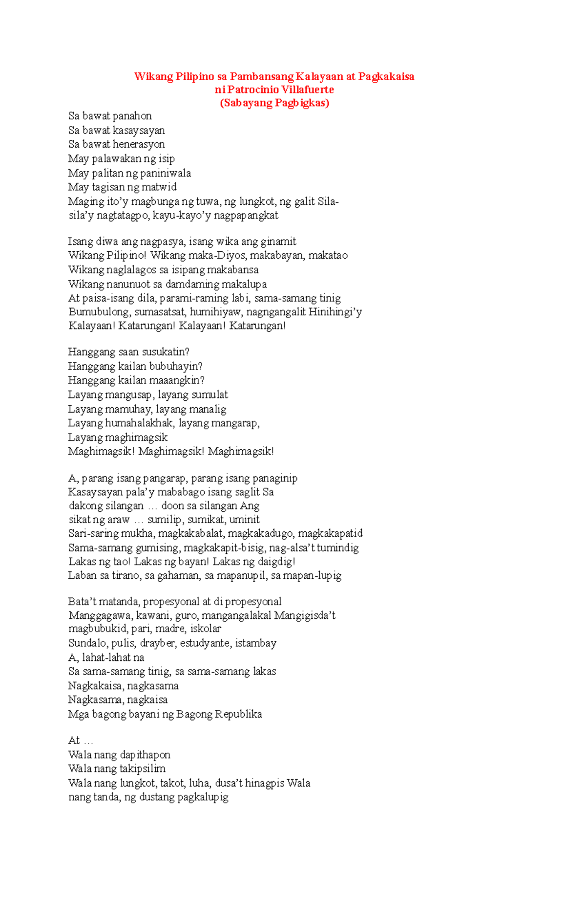 Sabayang Pagbigkas: Wikang Pilipino sa Kalayaan at Pagkakaisa - Studocu