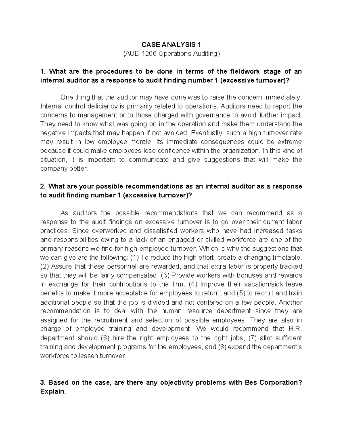 AUD 1206 Case Study: Internal Audit Procedures and Recommendations ...