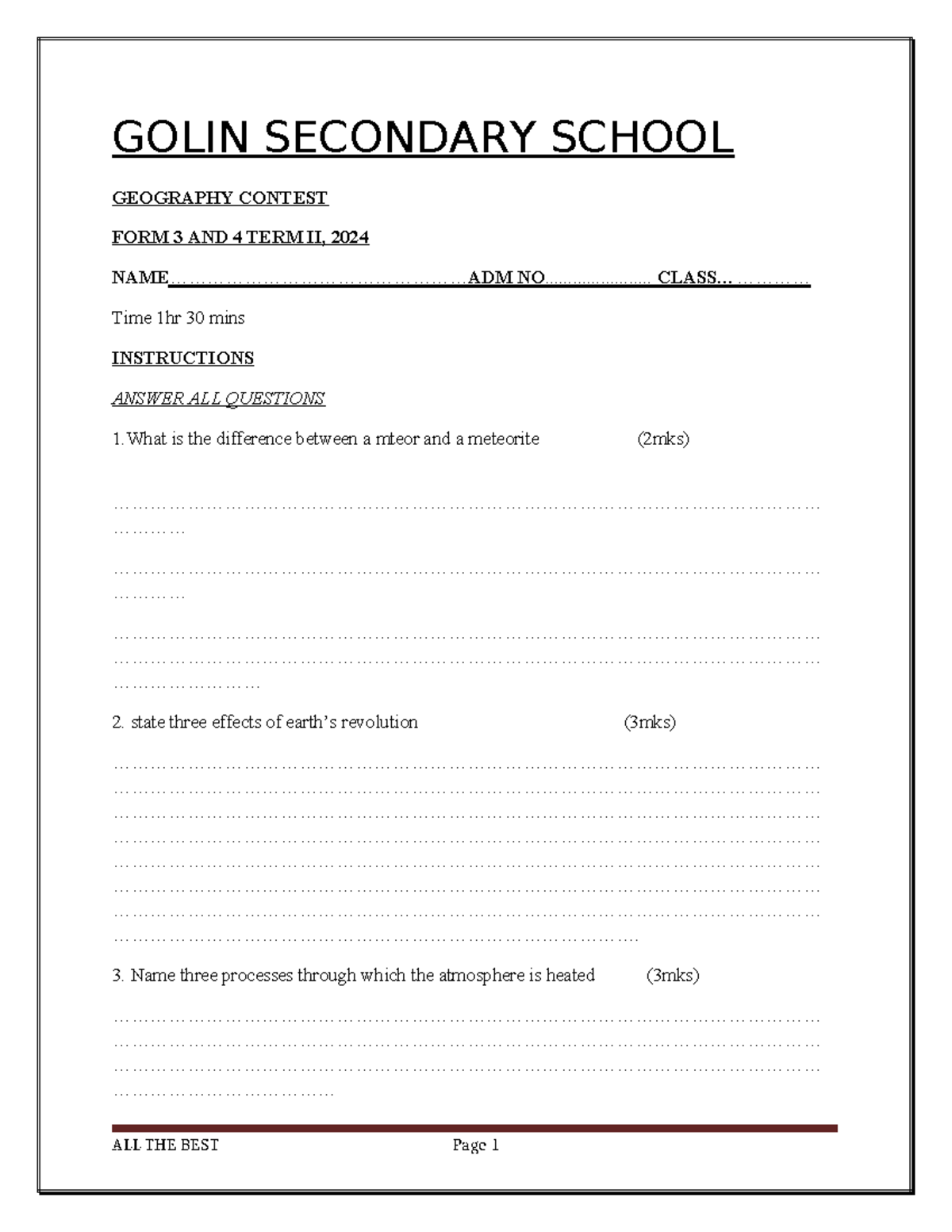 GOLIN SCHOOL GEOGRAPHY CONTEST FORM 3 & 4 TERM II, 2024 - Studocu