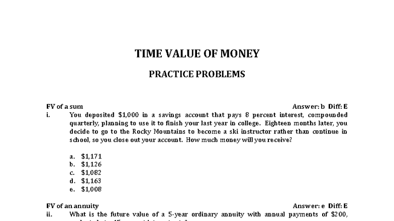 TIME VALUE OF MONEY PRACTICE PROBLEMS (FIN 101) - Studocu